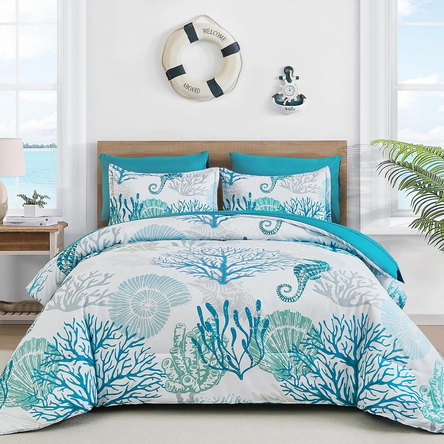 WONGS BEDDING Coastal Comforter Set Queen, Beach Themed Comforter,7 Pi ...